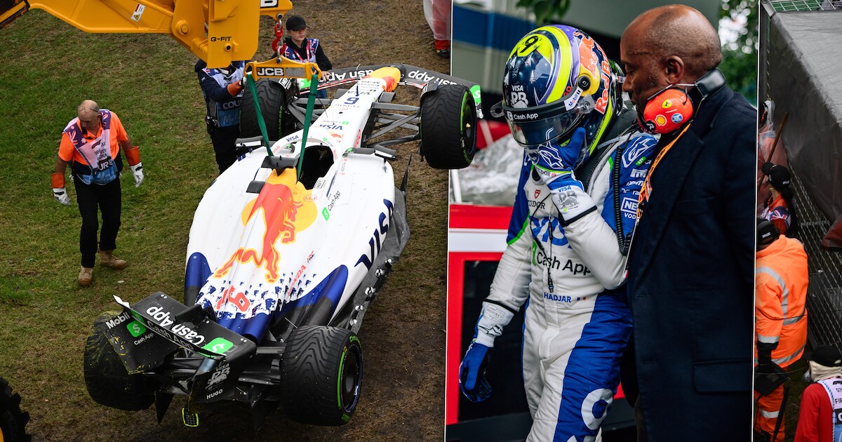 Mooi beeld: snikkende Hadjar getroost door vader van Hamilton na crash ...